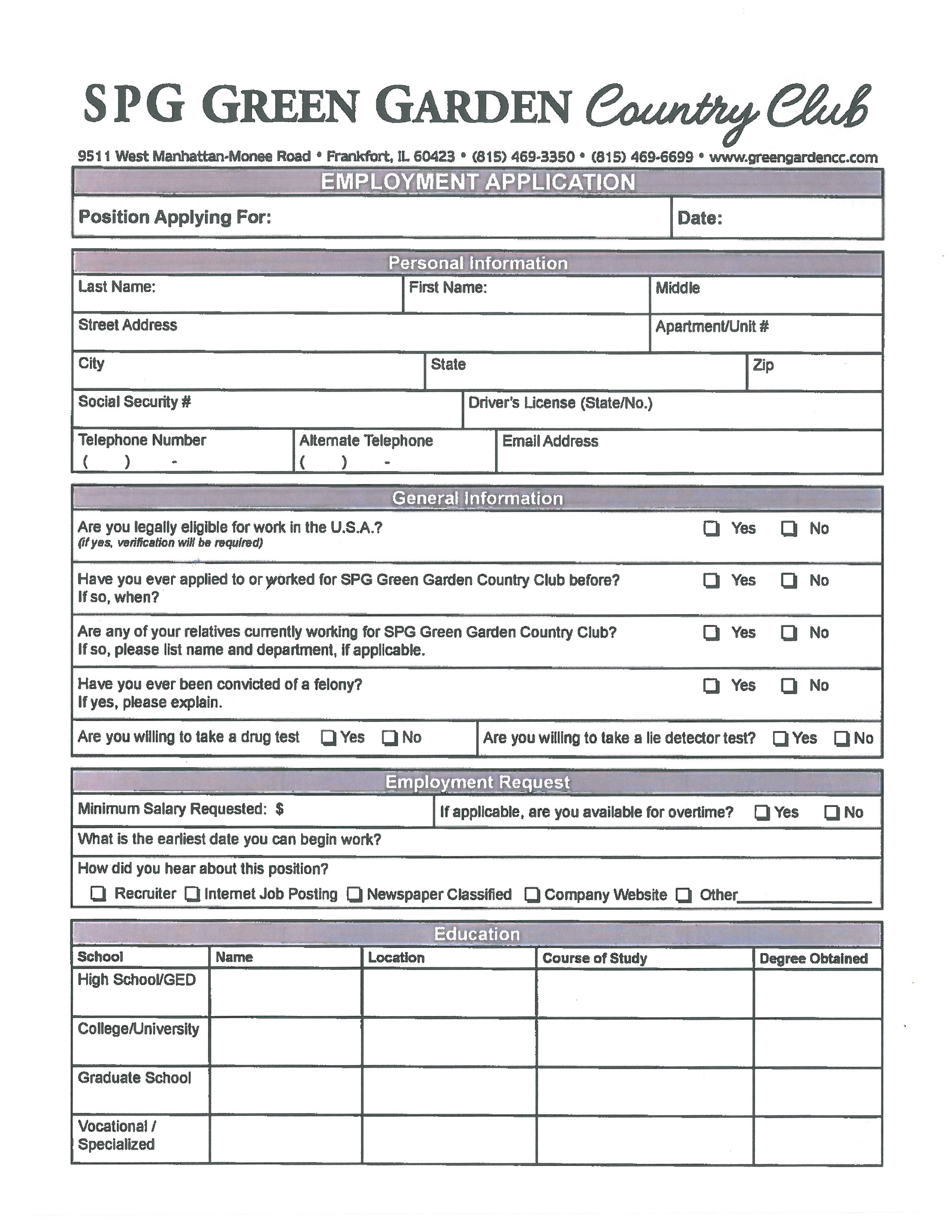 Employment Application - Green Garden Country Club
