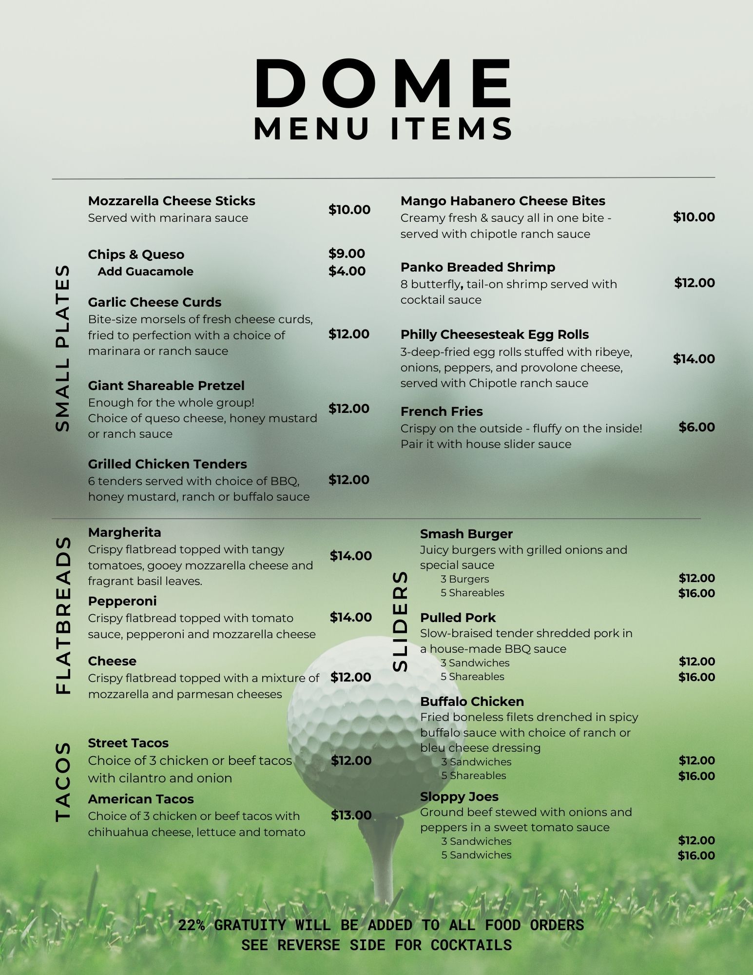 Golf Dome Menu - Green Garden Country Club